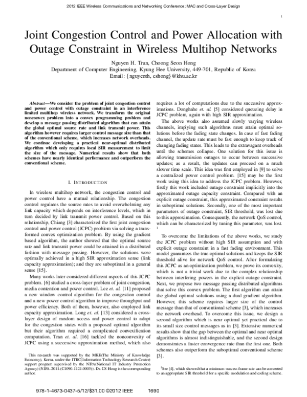 Pdf Joint Congestion Control And Power Allocation With Outage Constraint In Wireless Multihop