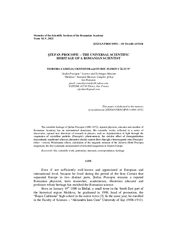 (PDF) ŞTEFAN PROCOPIU - THE UNIVERSAL SCIENTIFIC HERITAGE OF A ROMANIAN ...
