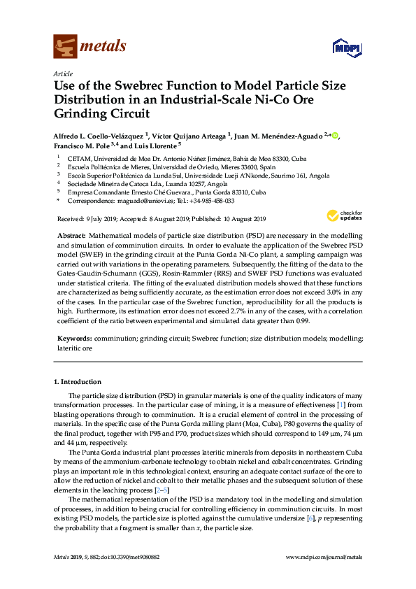 (PDF) Use of the Swebrec Function to Model Particle Size Distribution in an Industrial-Scale Ni ...