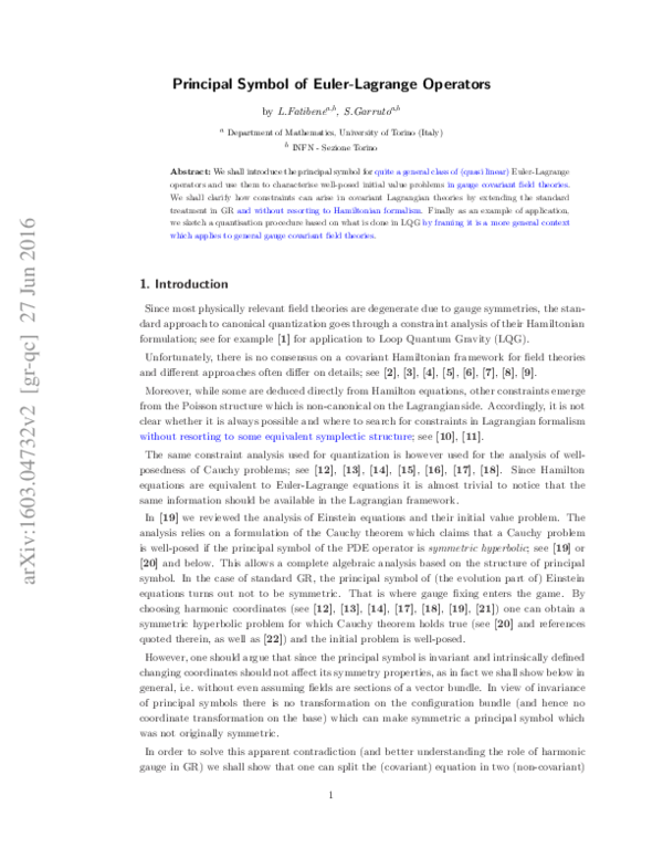 (PDF) Principal symbol of Euler–Lagrange operators