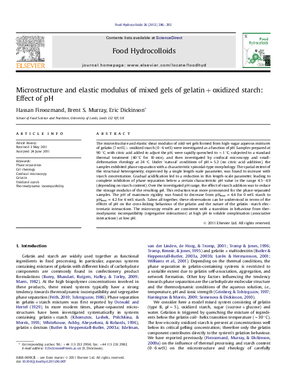 (PDF) Microstructure and elastic modulus of mixed gels of gelatin+oxidized starch: Effect of pH