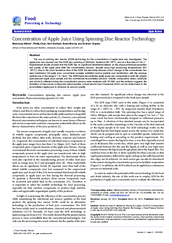 (PDF) Apple Juice Concentration via Spinning Disc Reactor Technology