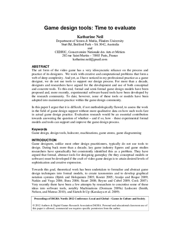 (PDF) Game Design Tools: Time to Evaluate