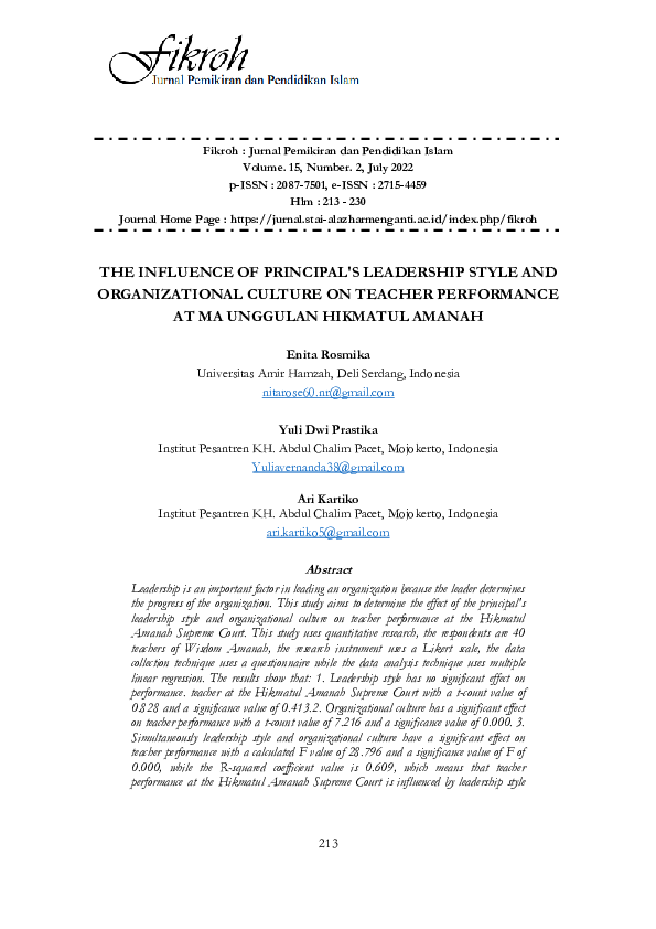 (PDF) The Influence Of Principal's Leadership Style And Organizational ...