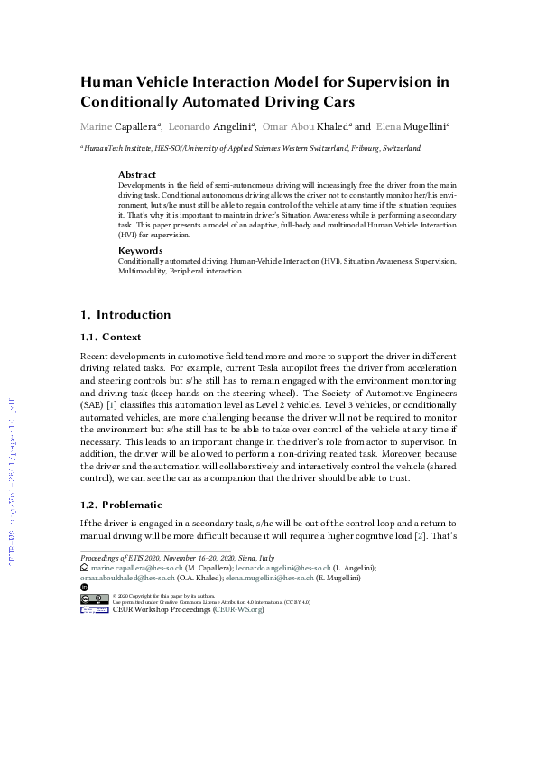 (PDF) Human Vehicle Interaction Model for Supervision in Conditionally ...