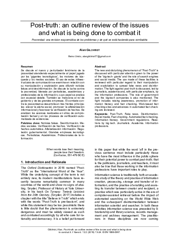 (PDF) Post-Truth: an outline review of the issues and what is being ...