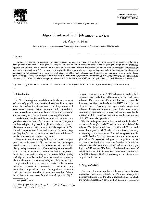 Pdf Algorithm Based Fault Tolerance A Review