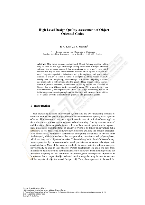 (PDF) High Level Design Quality Assessment of Object Oriented Codes