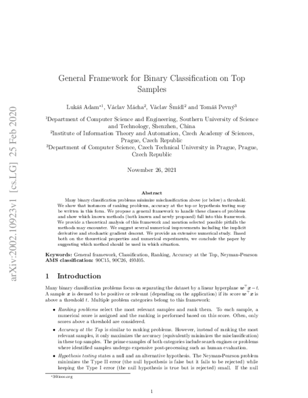 (PDF) General framework for binary classification on top samples