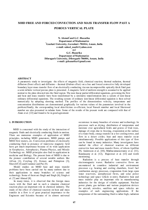 (PDF) MHD Free and Forced Convection and Mass Transfer Flow Past a Porous Vertical Plate
