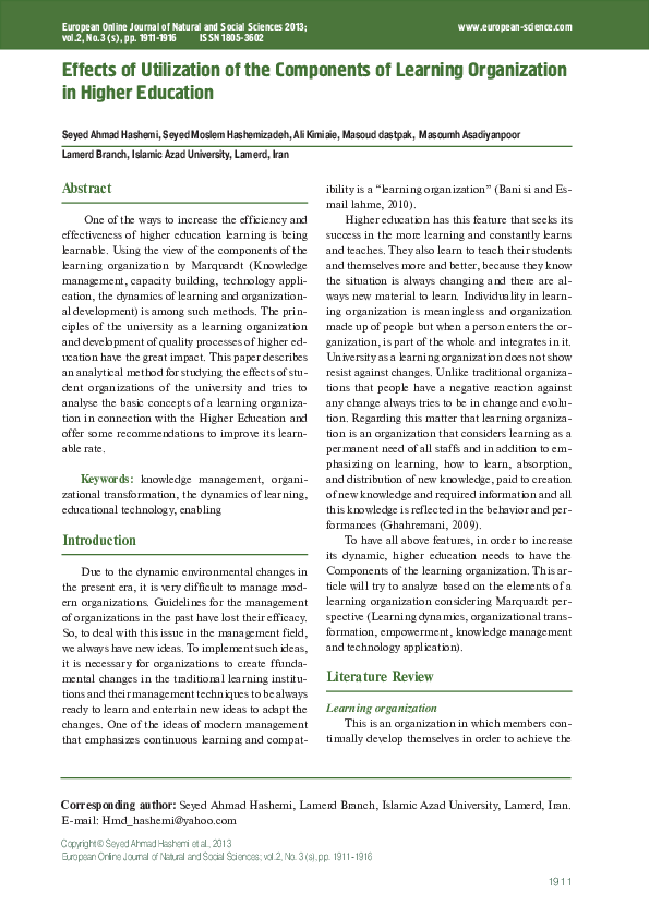 (PDF) Effects of utilization of the components of learning organization in higher education
