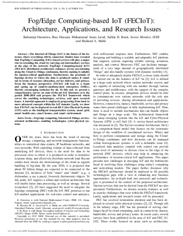 Pdf Fog Edge Computing Based Iot Feciot Architecture Applications