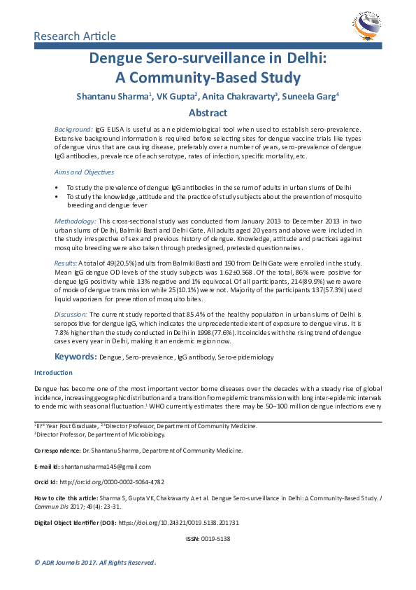 (PDF) Dengue Sero-surveillance in Delhi: A Community-Based Study
