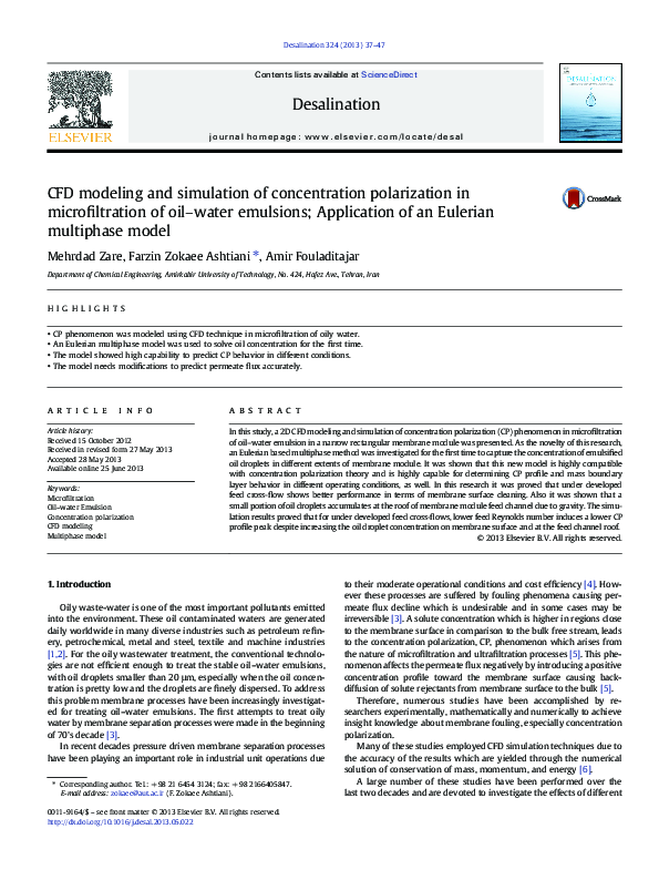 (PDF) CFD modeling and simulation of concentration polarization in microfiltration of oil–water ...