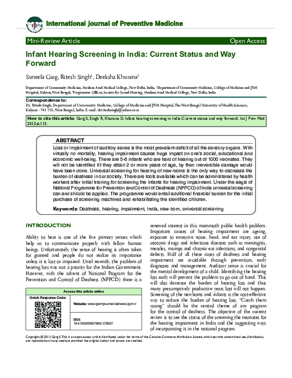 (PDF) Infant hearing screening in India: Current status and way forward