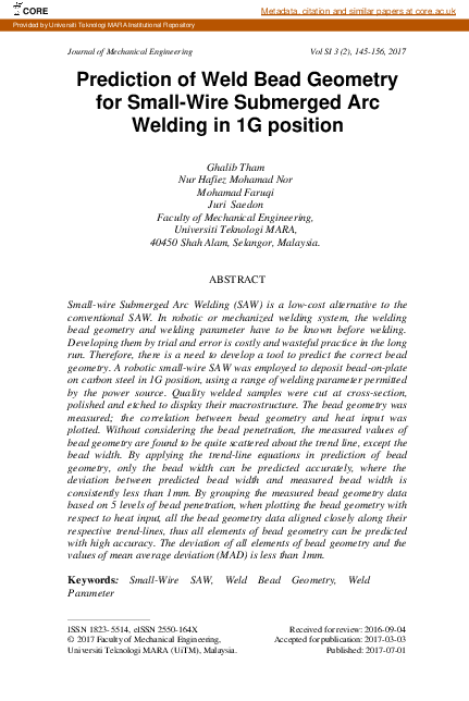 (PDF) Prediction of weld bead geometry for small-wire submerged Arc Welding in 1G position