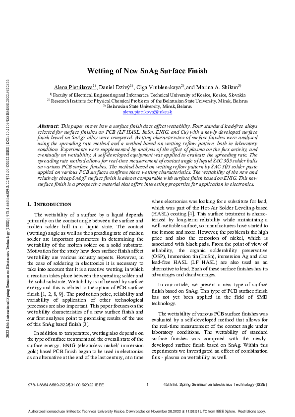 (PDF) Wetting of New SnAg Surface Finish