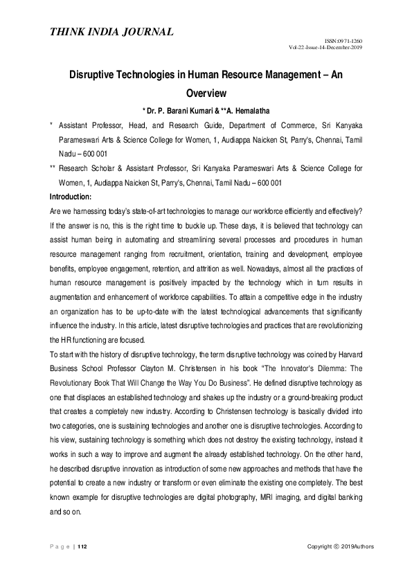 (PDF) Disruptive Technologies in Human Resource Management – An Overview