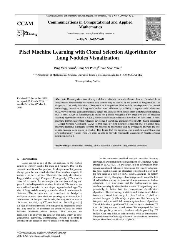 (PDF) Pixel machine learning with clonal selection algorithm for lung ...