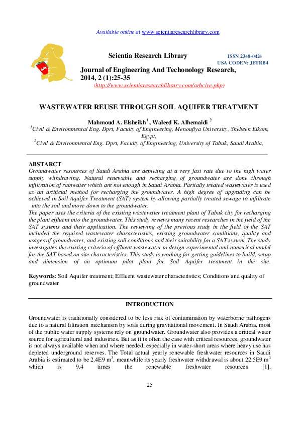 (PDF) Wastewater Reuse Through Soil Aquifer Treatment