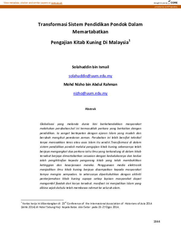(PDF) Transformasi sistem pendidikan pondok dalammemartabatkan pengajian kitab kuning di Malaysia