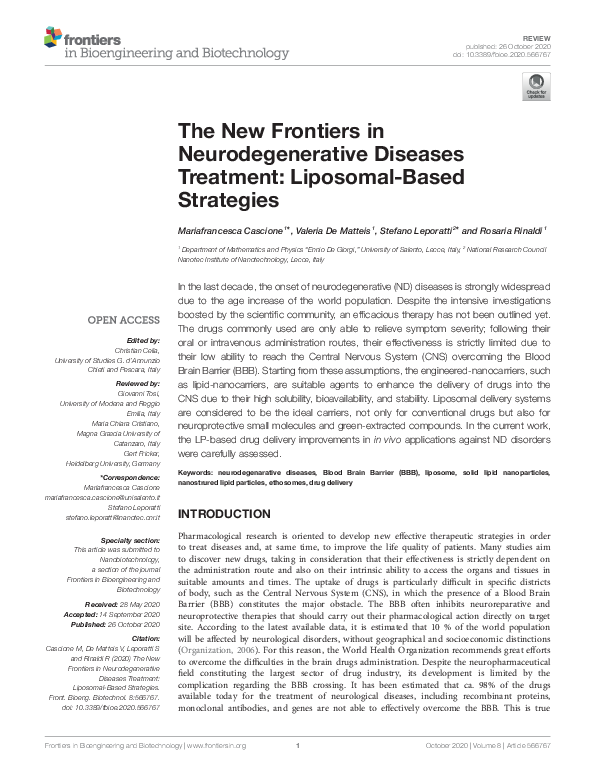 (PDF) The New Frontiers in Neurodegenerative Diseases Treatment: Liposomal-Based Strategies