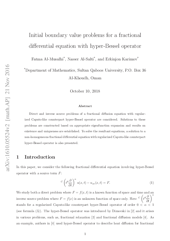 (PDF) Initial boundary value problems for a fractional differential equation with hyper-Bessel ...