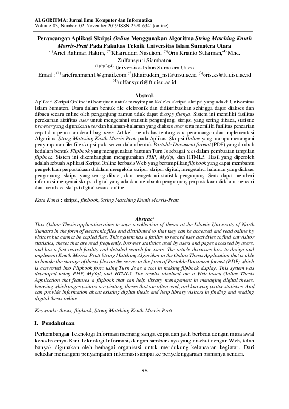 (PDF) Perancangan Aplikasi Skripsi Online Menggunakan Algoritma String Matching Knuth Morris ...