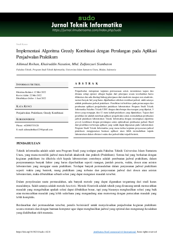 (PDF) Implementasi Algoritma Greedy Kombinasi dengan Perulangan pada Aplikasi Penjadwalan Praktikum