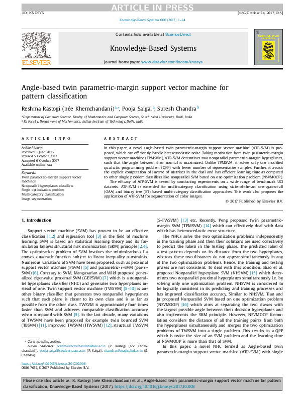 (PDF) Angle-based twin parametric-margin support vector machine for pattern classification