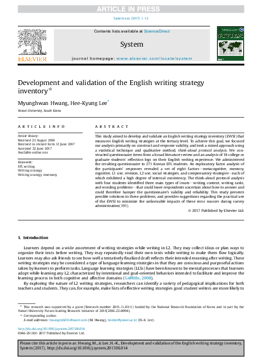 (PDF) Development and validation of the English writing strategy inventory