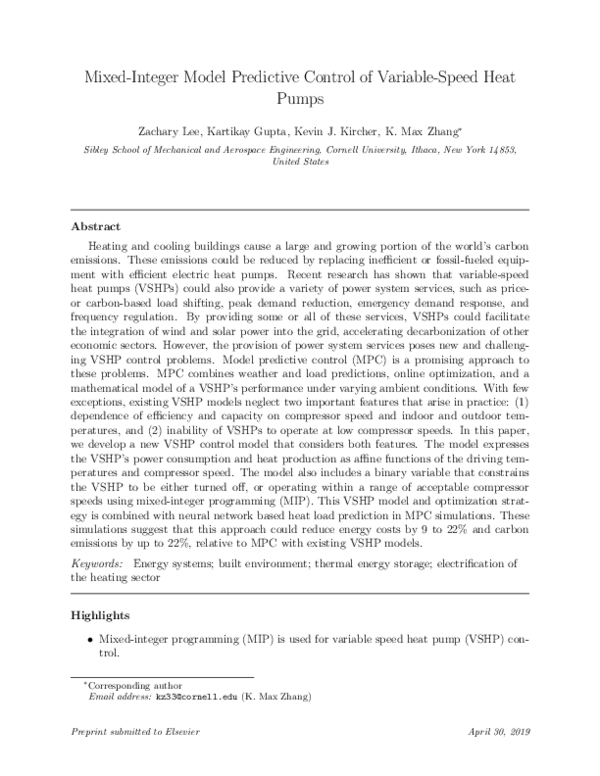 Pdf Mixed Integer Model Predictive Control Of Variable Speed Heat Pumps