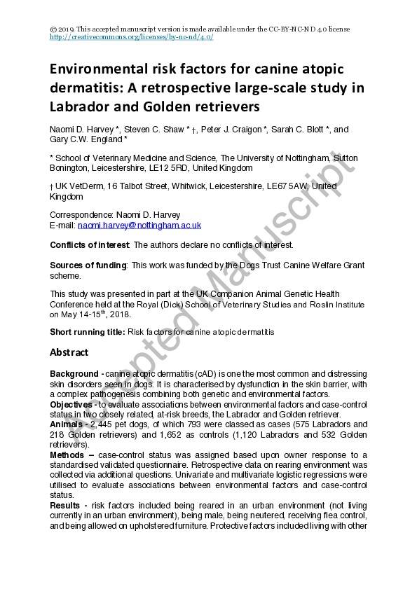 (PDF) Environmental risk factors for canine atopic dermatitis: a ...