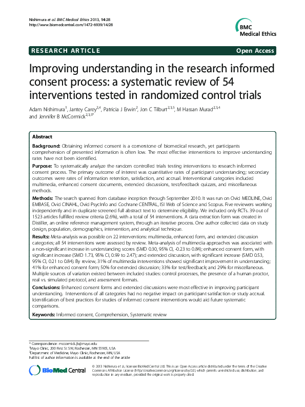 (PDF) Improving understanding in the research informed consent process: a systematic review of ...