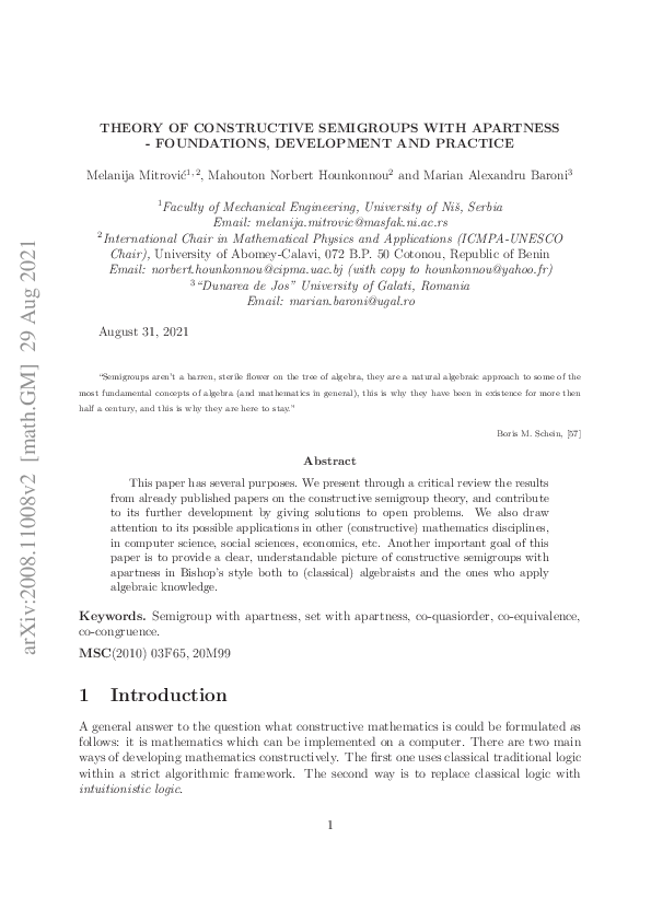 (PDF) Theory of Constructive Semigroups with Apartness – Foundations, Development and Practice