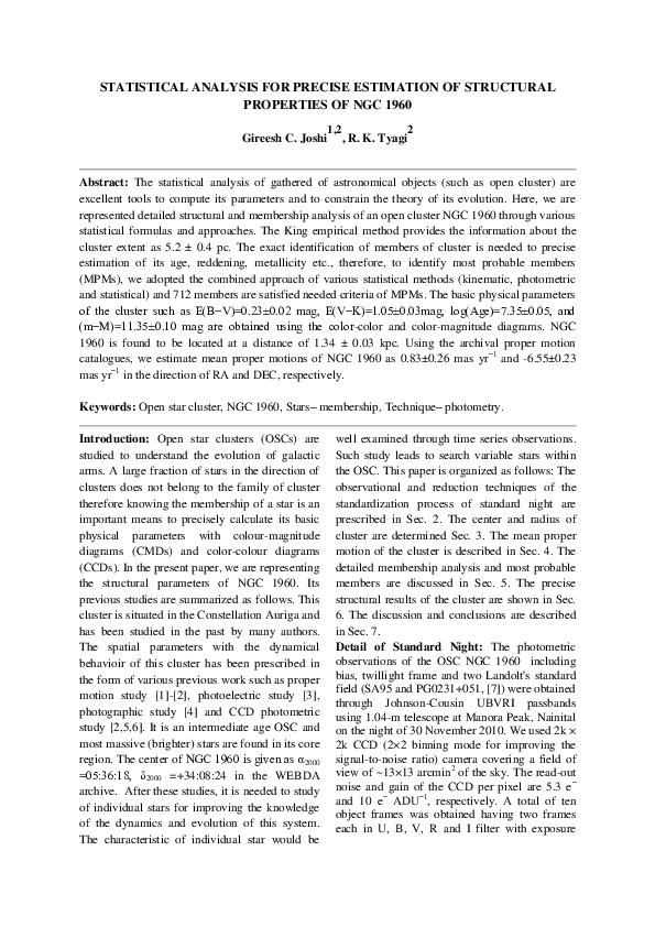 (PDF) Statistical analysis for precise estimation of structural properties of NGC 1960 | Gireesh ...