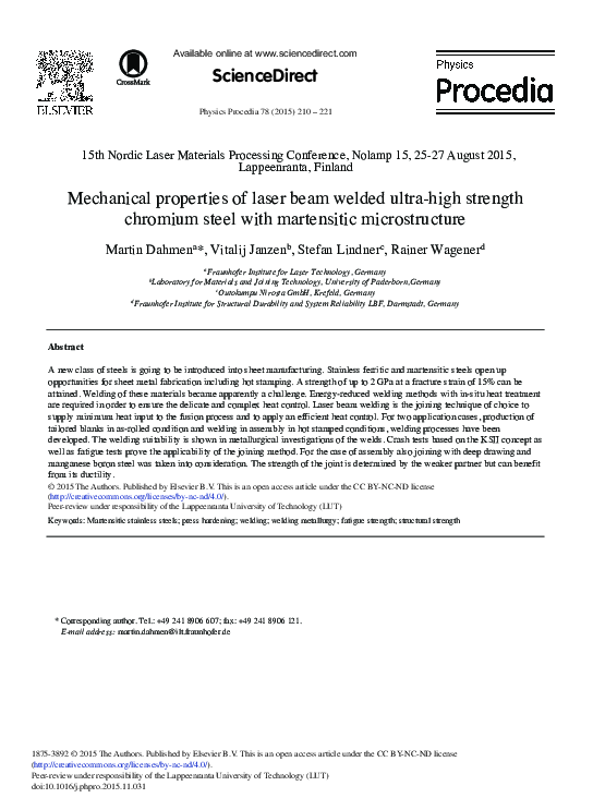 (PDF) Mechanical Properties of Laser Beam Welded Ultra-high Strength Chromium Steel with ...