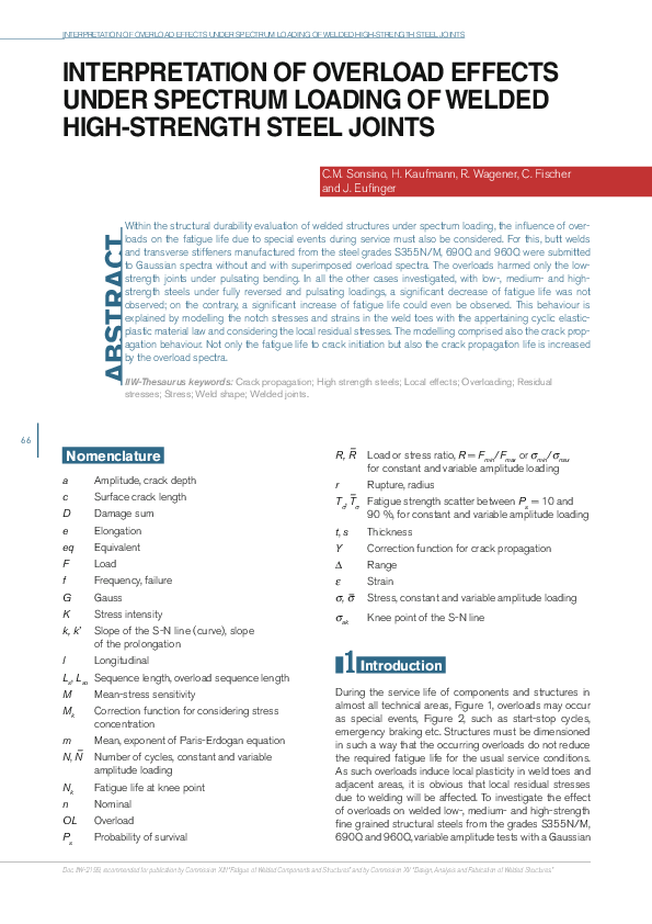 (PDF) Interpretation of Overload Effects Under Spectrum Loading of Welded High-Strength Steel Joints