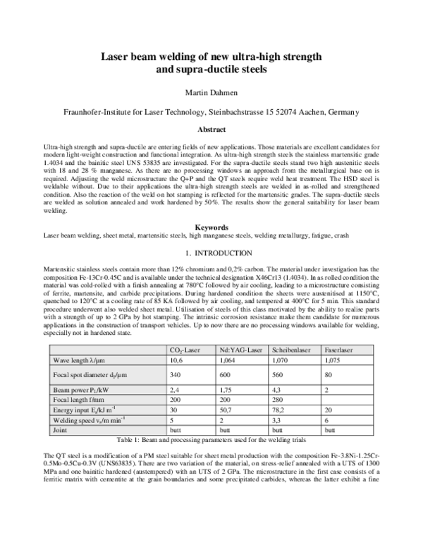 (PDF) Laser beam welding of new ultra-high strength and supra-ductile ...