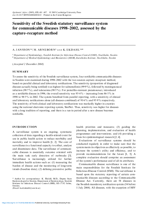(PDF) Sensitivity of the Swedish statutory surveillance system for ...