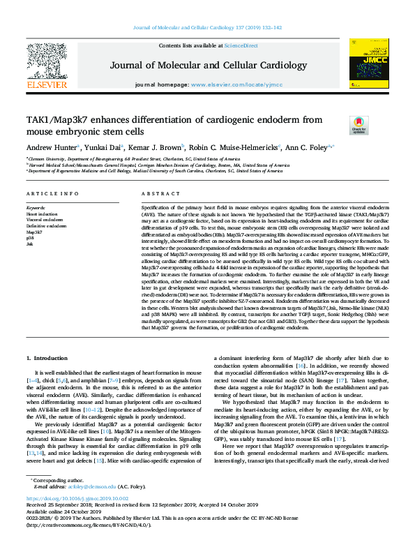 (PDF) TAK1/Map3k7 enhances differentiation of cardiogenic endoderm from ...