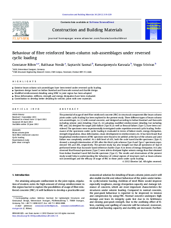 (PDF) Behaviour of fibre reinforced beam-column sub-assemblages under reversed cyclic loading
