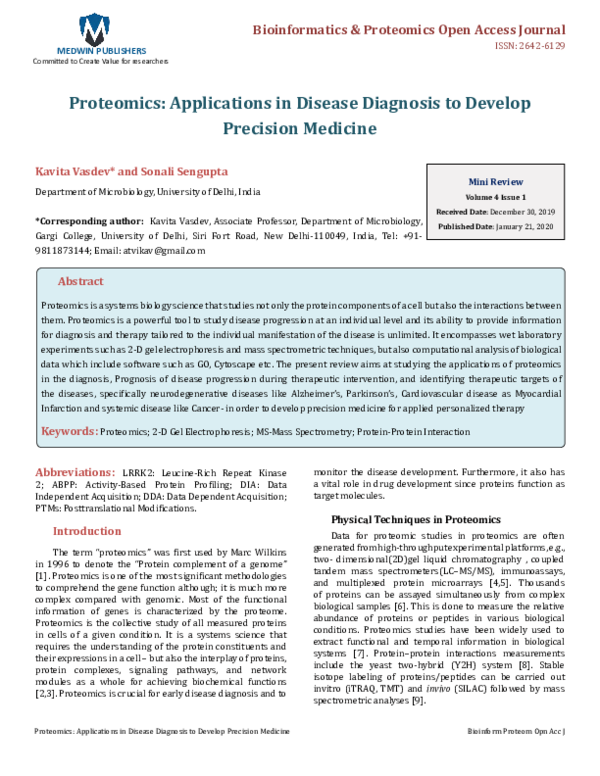 (PDF) Proteomics: Applications in Disease Diagnosis to Develop ...