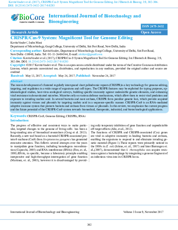 (PDF) CRISPR/Cas-9 System: Magnificent Tool for Genome Editing
