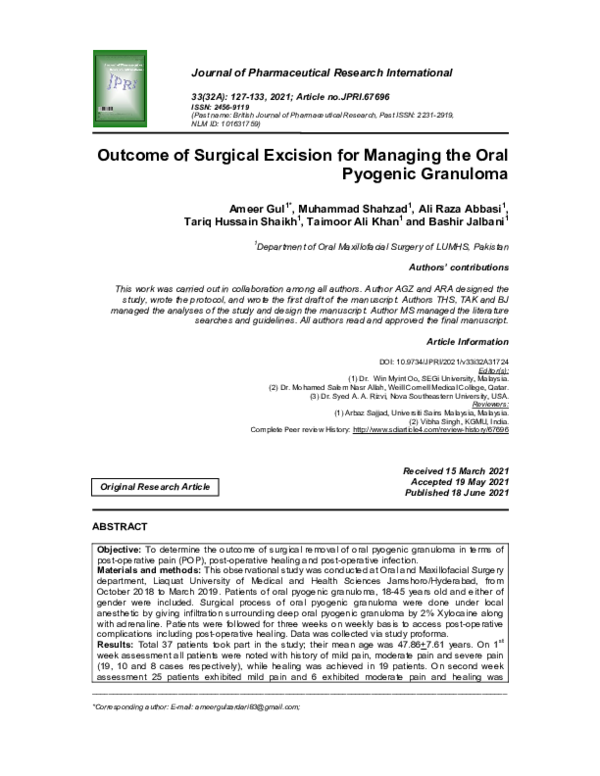 (PDF) Outcome of Surgical Excision for Managing the Oral Pyogenic Granuloma