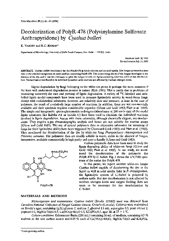 (PDF) Decolorization of PolyR-478 (Polyvinylamine sulfonate ...