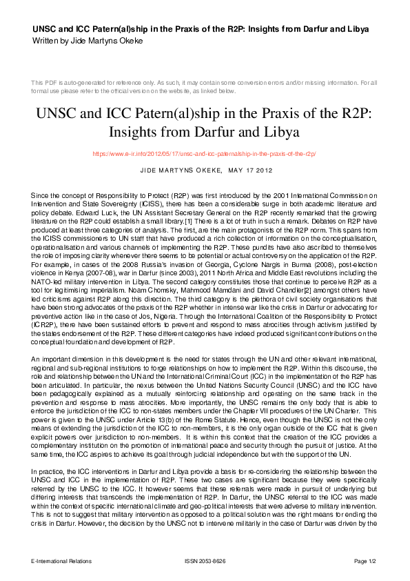 (PDF) UNSC and ICC Patern(al)ship in the Praxis of the R2P: Insights ...