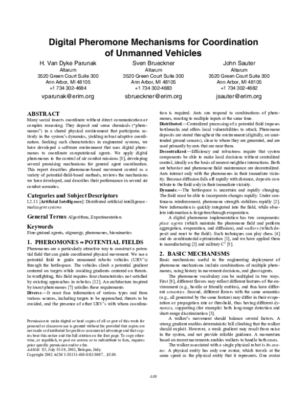 (PDF) Digital pheromone mechanisms for coordination of unmanned vehicles