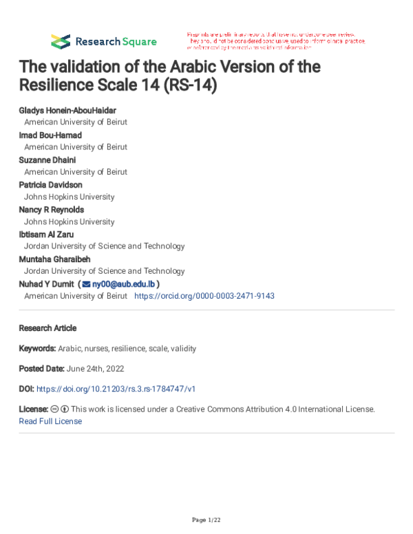 (PDF) The validation of the Arabic Version of the Resilience Scale 14 ...