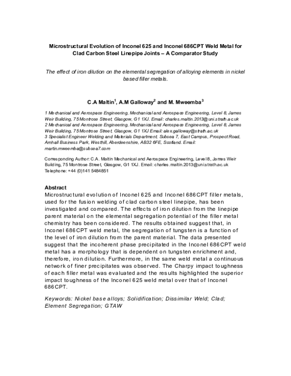 (PDF) Microstructural Evolution of Inconel 625 and Inconel 686CPT Weld ...